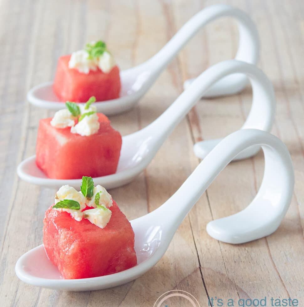 watermelon appetizers with feta and mint - By Andrea Janssen
