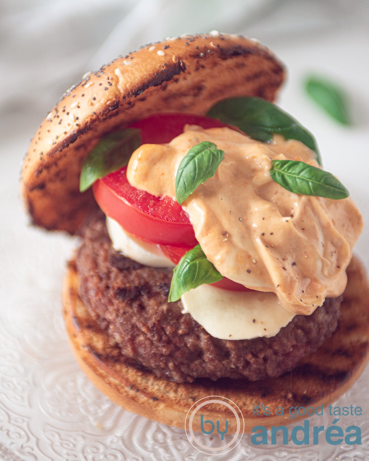 Grilled Caprese Burger With Pesto Mayo - By Andrea Janssen