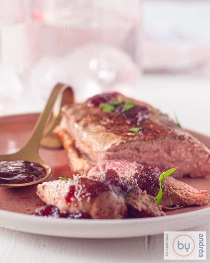 Perfect Duck Breast with Cranberry Compote - By Andrea Janssen