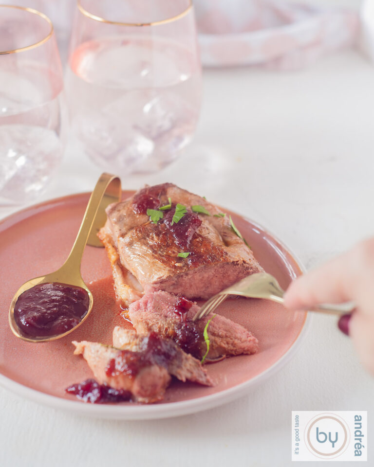 Perfect Duck Breast with Cranberry Compote - By Andrea Janssen